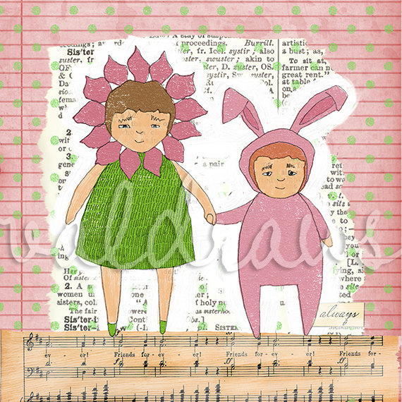 Children's Art Print Two Girls Holding Hands Sisters 3 X 3 Mini Print ...
